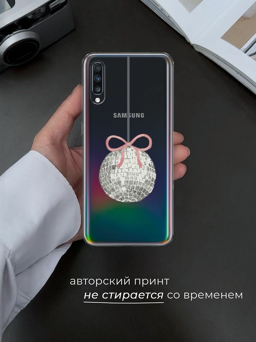 Чехол на Samsung Galaxy A70 / Самсунг Галакси А70 с принтом Новогодний диско шар, прозрачный — фото 1