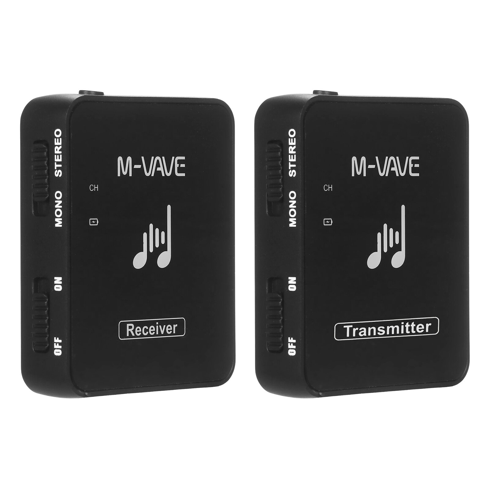M-VAVE SWS10 Система передачи безжичных наушников мониторов 2.4GHz с подзарядным передатчиком и приемником, материал ABS, частота дискретизации 24bit/48KHz, диапазон 30 метров на открытом воздухе или 15 метров через стены, емкость литиевого аккумулятора