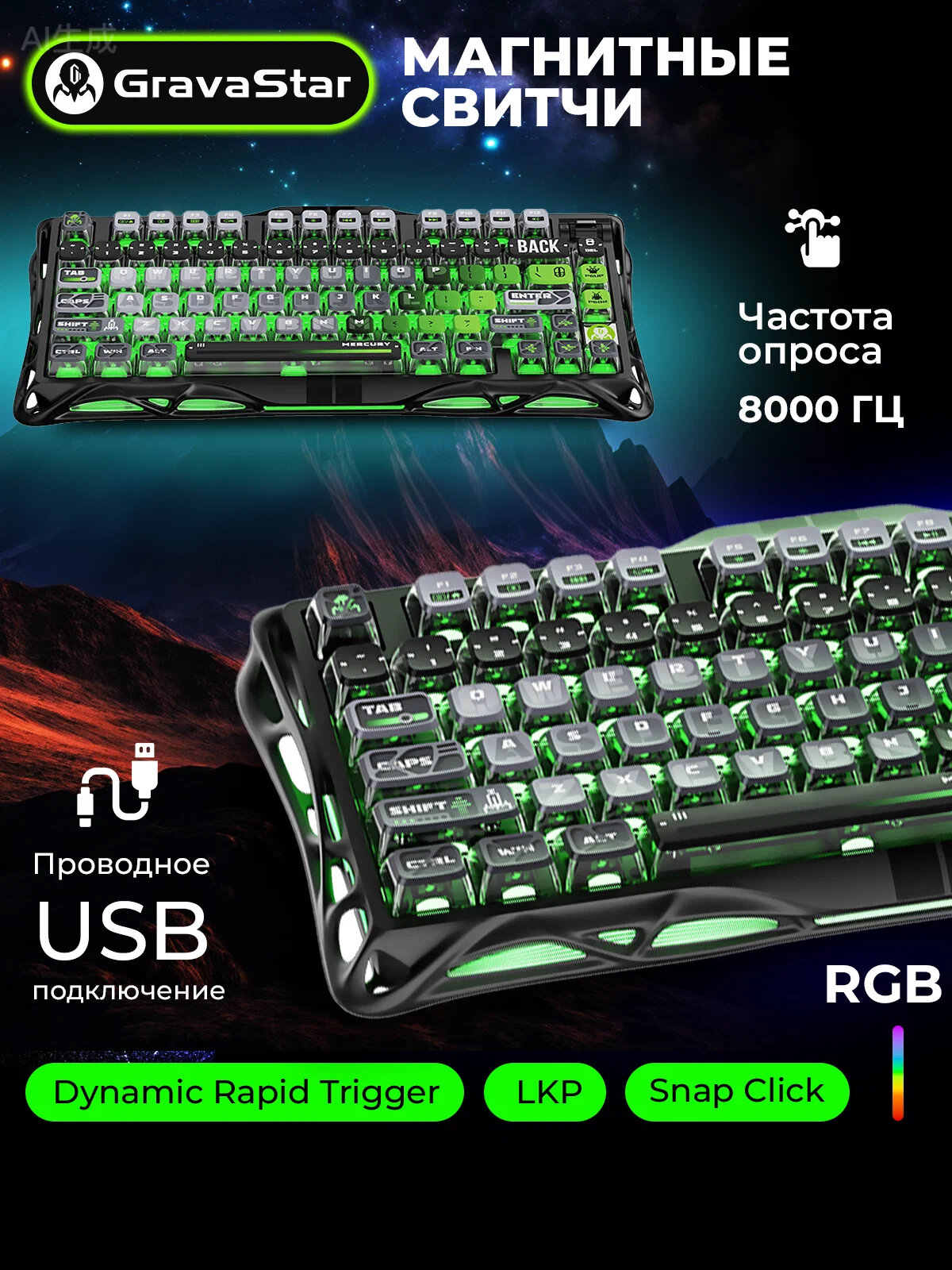 Проводная игровая клавиатура с магнитными свитчами GravaStar Mercury V75 - CyberFlux и RGB подсветкой