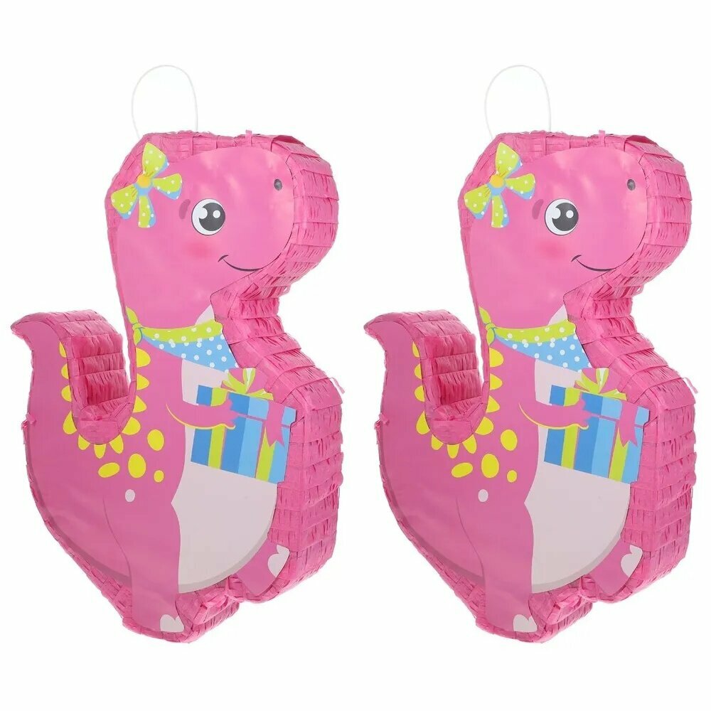 Декоративная розовая пиньята динозавр из бумаги для праздничного украшения 2 шт