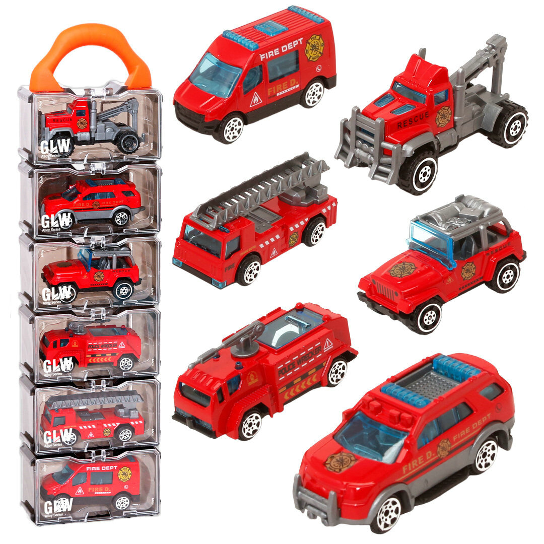 Шесть алюминиевых пожарных машин с раздвижными дверями (993-13 лестничная пожарная машина с водяным распылителем) — игрушечные модели для ролевых игр детей.