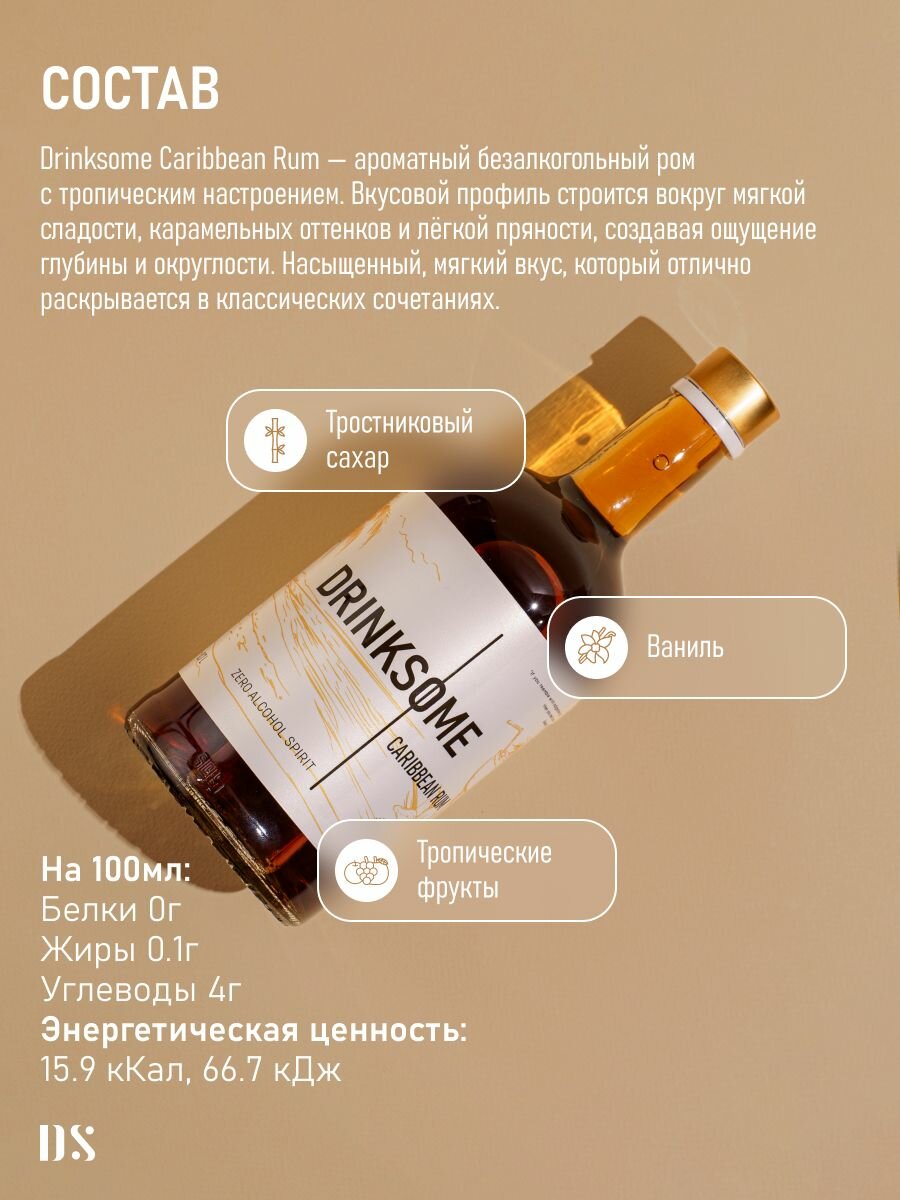 Карибский ром безалкогольный Drinksome Caribbean Rum, основа для коктейлей, 700 мл
