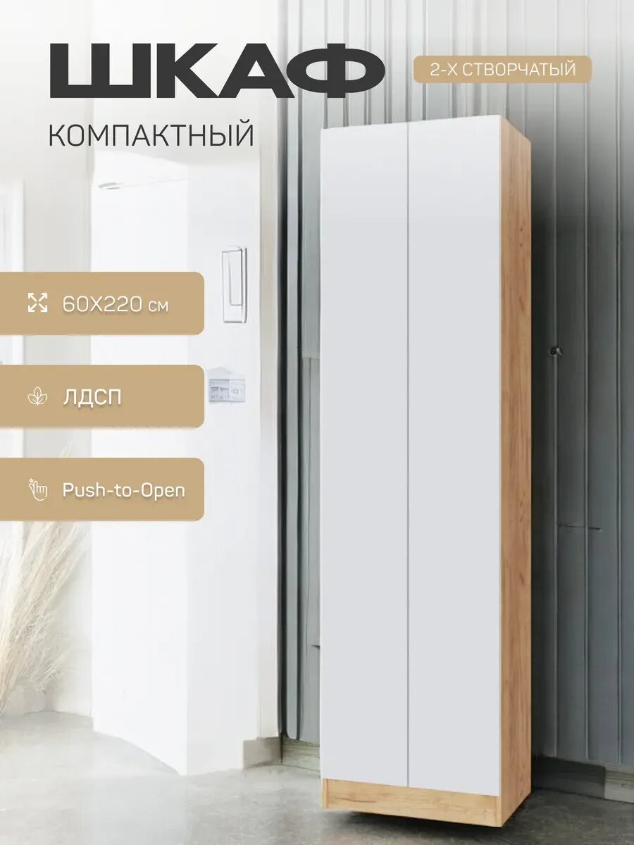 Шкаф распашной в прихожую, двустворчатый платяной, 220х60х40 см, Белый/Дуб Крафт Золотой, Руэлла