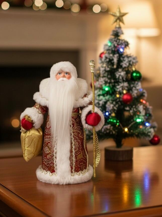 Дед Мороз под елку в краповой шубе с воротом 24 см ручная работа сделано в России