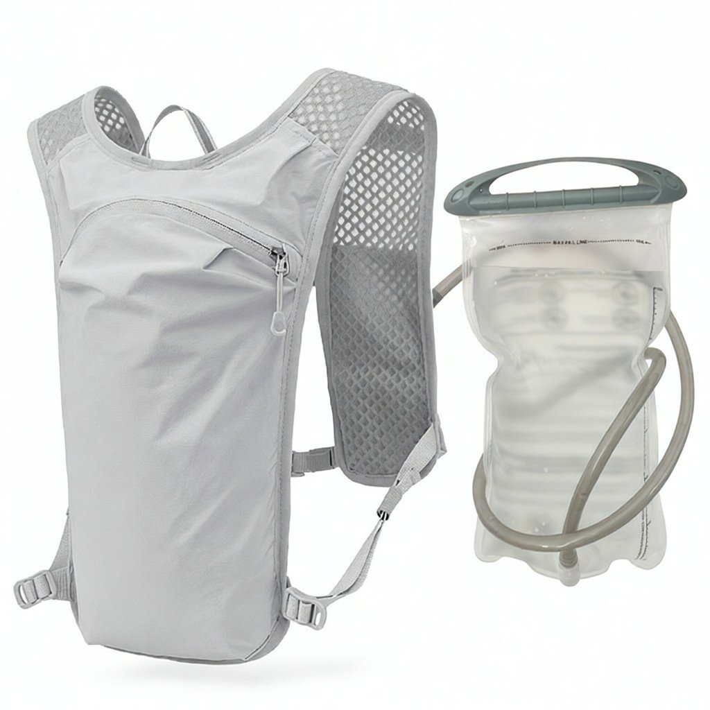 Водяной рюкзак для бега 5L с гидробаком 1.5L, размер 35*18cm, вес 140g, материалы 90% нейлон+10% спандекс, цвета Черный и Синий/Черный и Белый/Светло-серый и Темно-синий/Светло-серый и Оранжевый