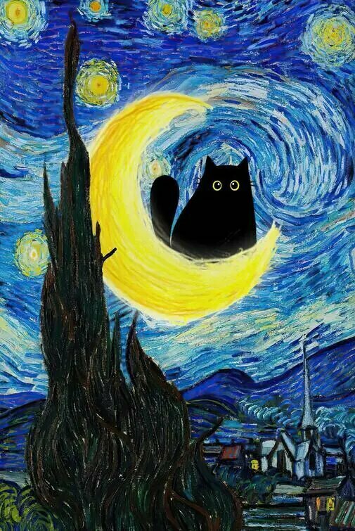 Картина на холсте Abstract Black Cat Knocks Van Gogh Sunflower Черный, PF16624, 50x70cm no frame