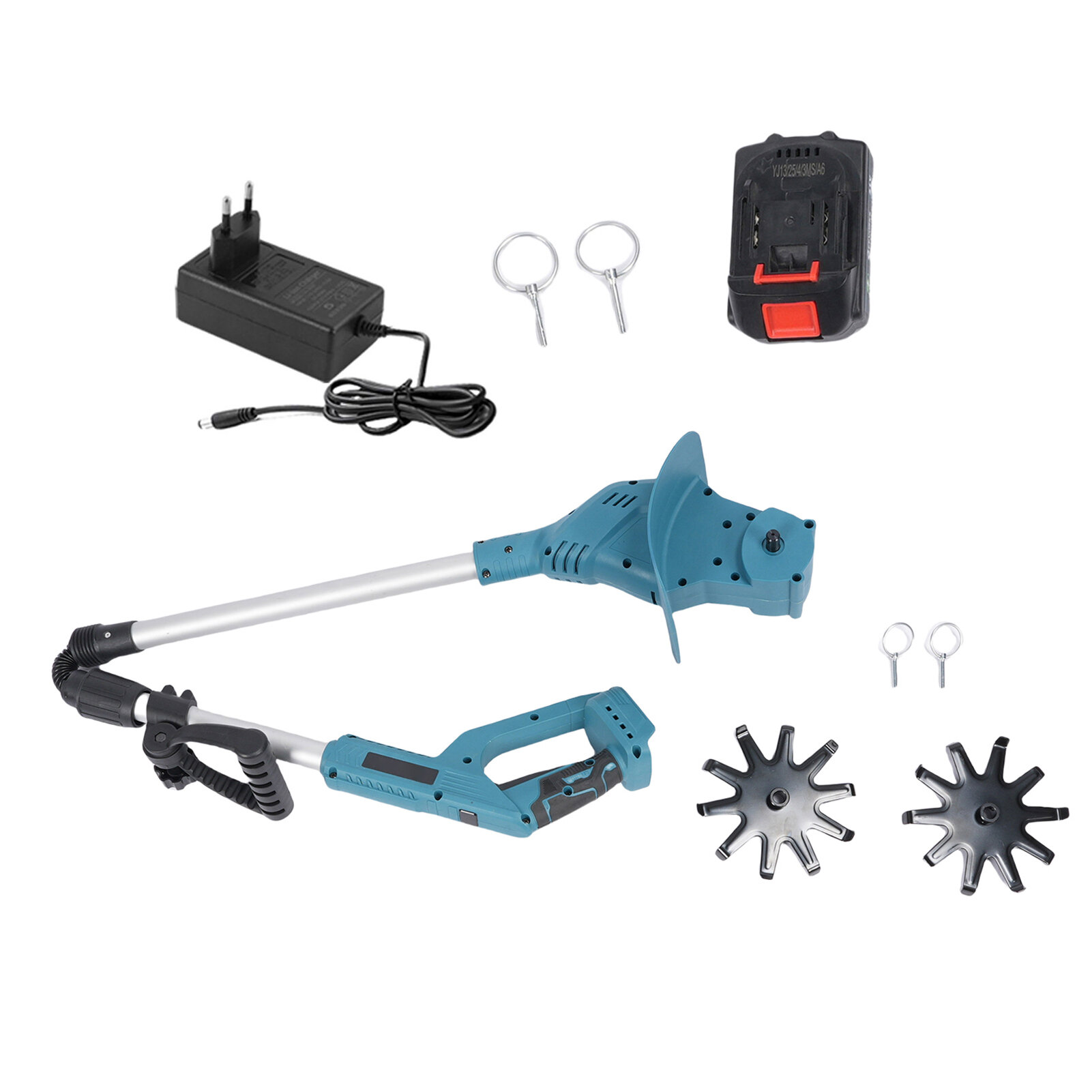 Электрический культиватор 21 В, беспроводной, макс. 330 об/мин, 2 стальных зуба, 1 перезаряжаемая батарея 1300 мАч, для обработки газона/сада/почвы, глубина обработки 7 дюймов, однозубчатый измельчитель, вилка 110-240 В (европейский стандарт).