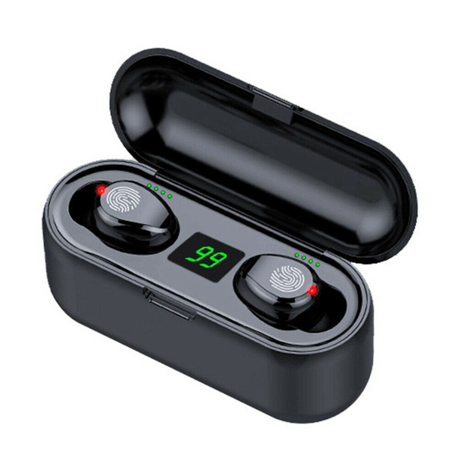 Наушники F9 True Wireless Bluetooth 5.0 TWS с сенсорным управлением, антипропускным для спорта, с зарядным футляром 1200mAh, индикацией заряда, микрофоном и USB-выходом, черный, белый