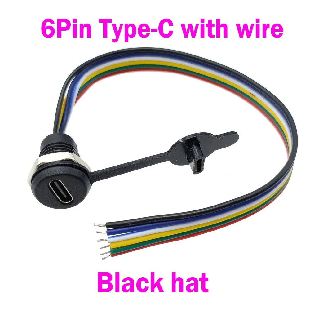 Водонепроницаемый разъем USB Type C 6Pin HBXINTAO 10pcs, 6P with wire-black