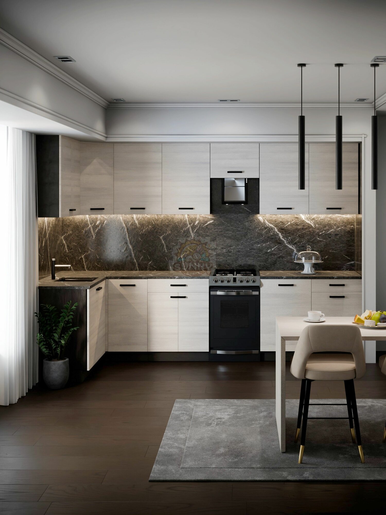 Кухня модульная угловая со столешницей Мария, 140 см х 320 см, Венге/Лоредо ЛДСП, 180 х 320 х 60 см, столешница 60 см.