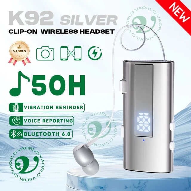 Деловая петличная гарнитура K92 Bluetooth 6.0, 30 часов в режиме разговора/50 часов воспроизведения музыки, вибросигнал, светодиодный цифровой дисплей, микрофон, беспроводная гарнитура.