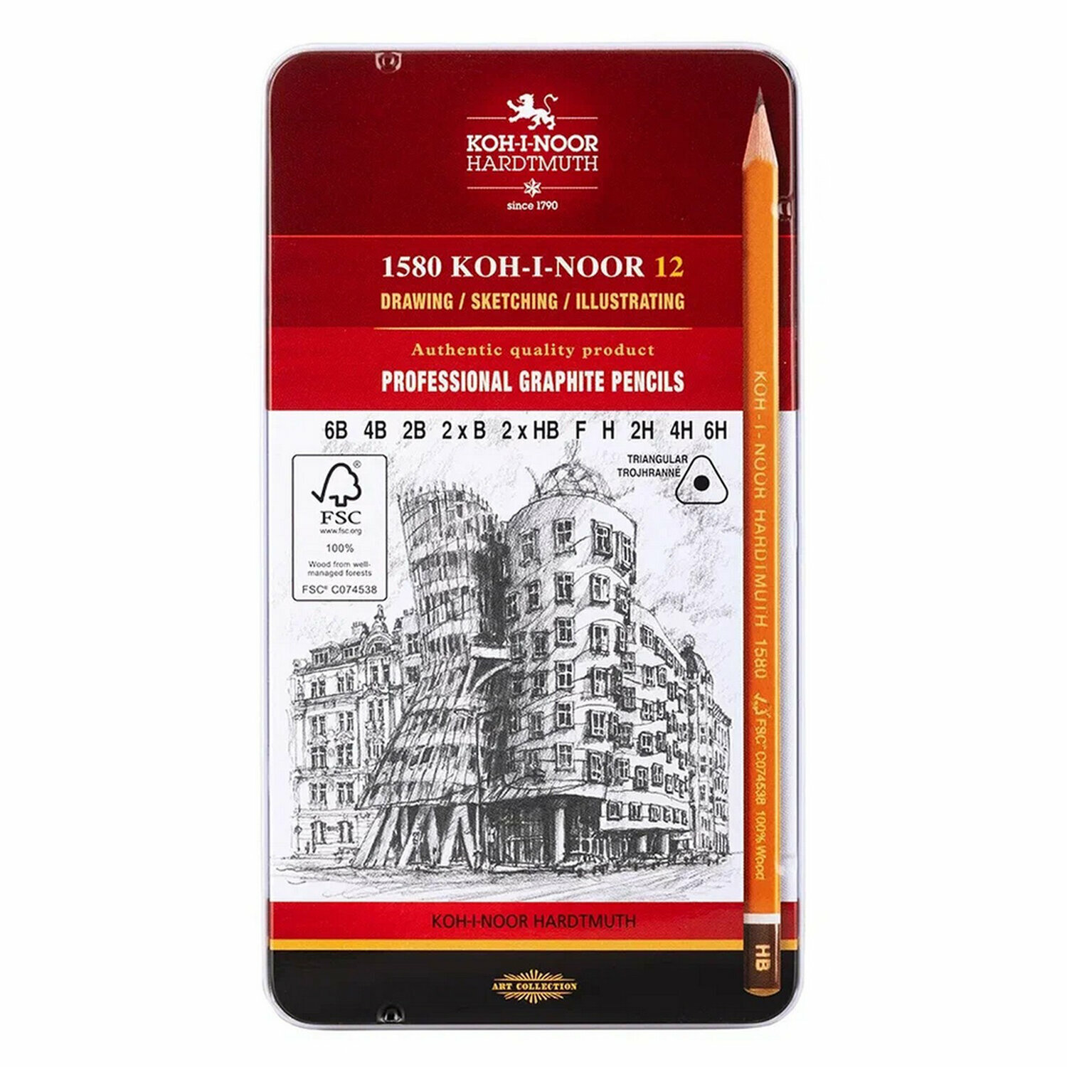 Набор чернографитных карандашей KOH-I-NOOR Art 6B-6H, без резинки, металлическая коробка, 12 шт 1582012001PL