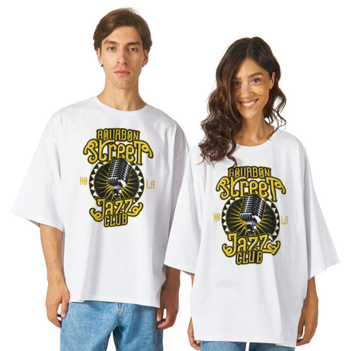 Футболка белая оверсайз «Джаз клуб, блюз, музыка, микрофон»