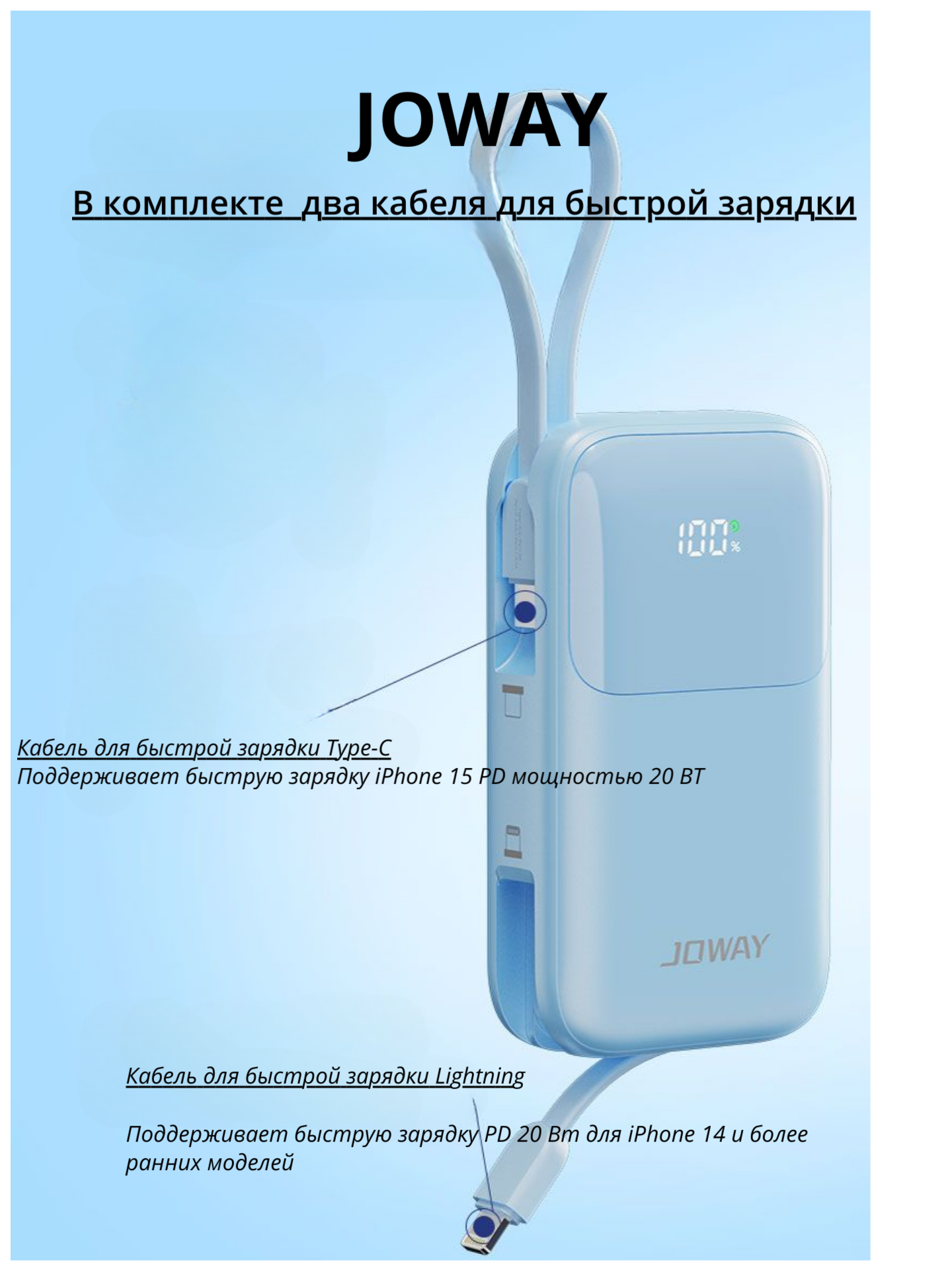 JOWAY, Power Bank, беспроводное зарядное устройство, JP325, PD20W, 2 кабеля для быстрой зарядки Android и Apple, белый