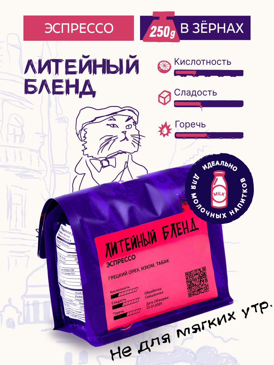 Кофе зерновой Мануфактура Кофе "Литейный бленд" для эспрессо, 250 гр