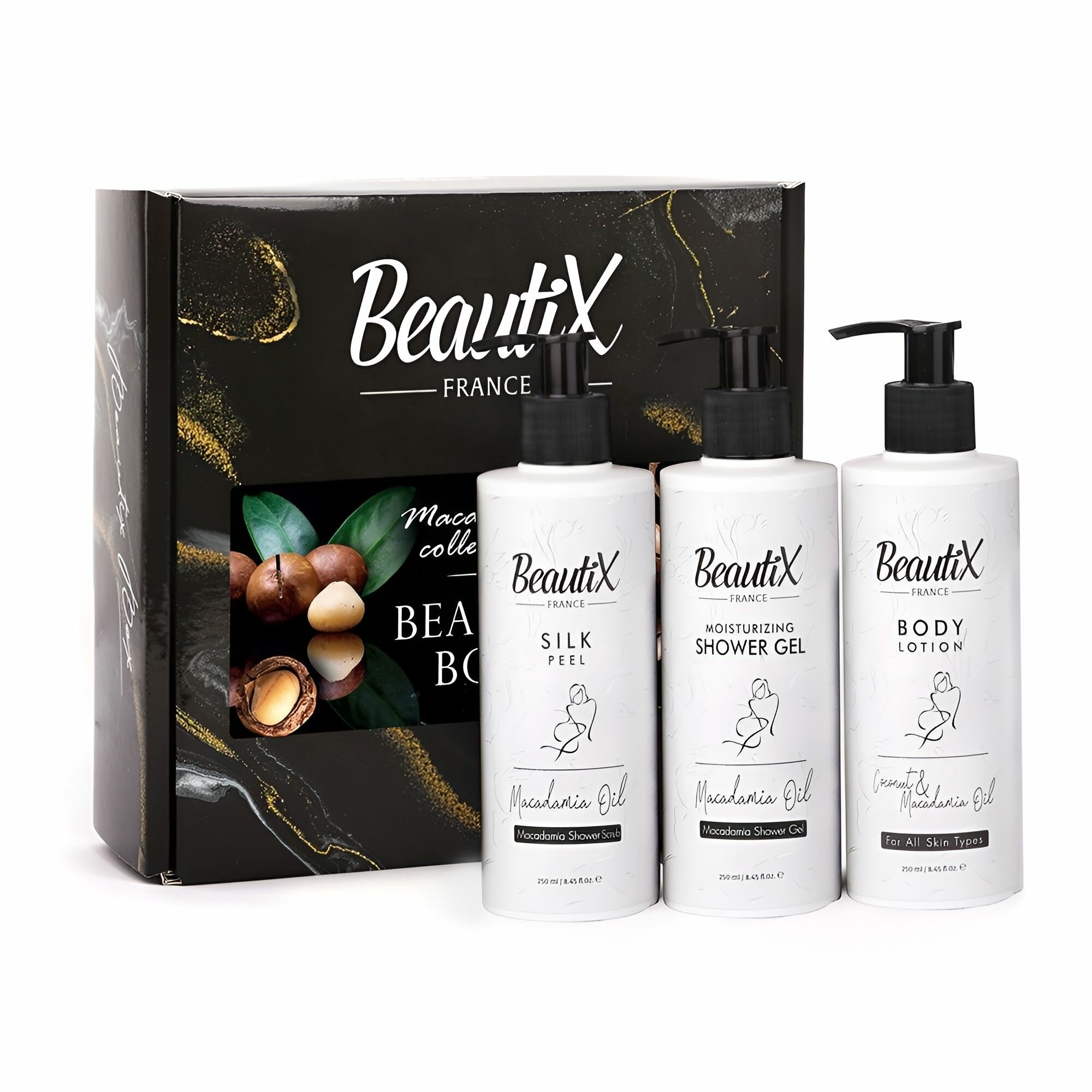 Набор для тела Beautix Макадамия, гель-скраб, гель для душа, лосьон