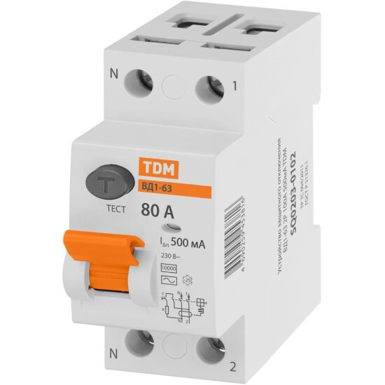 Устройство защитного отключения (УЗО) Tdm Electric ВД1-63 2Р 80А 500мА (SQ0203-0096)