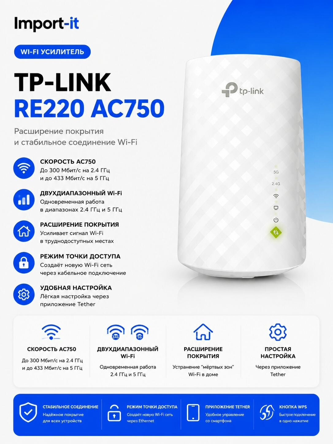 TP-Link RE220 AC750 Усилитель Wi-Fi-сигнала, белый