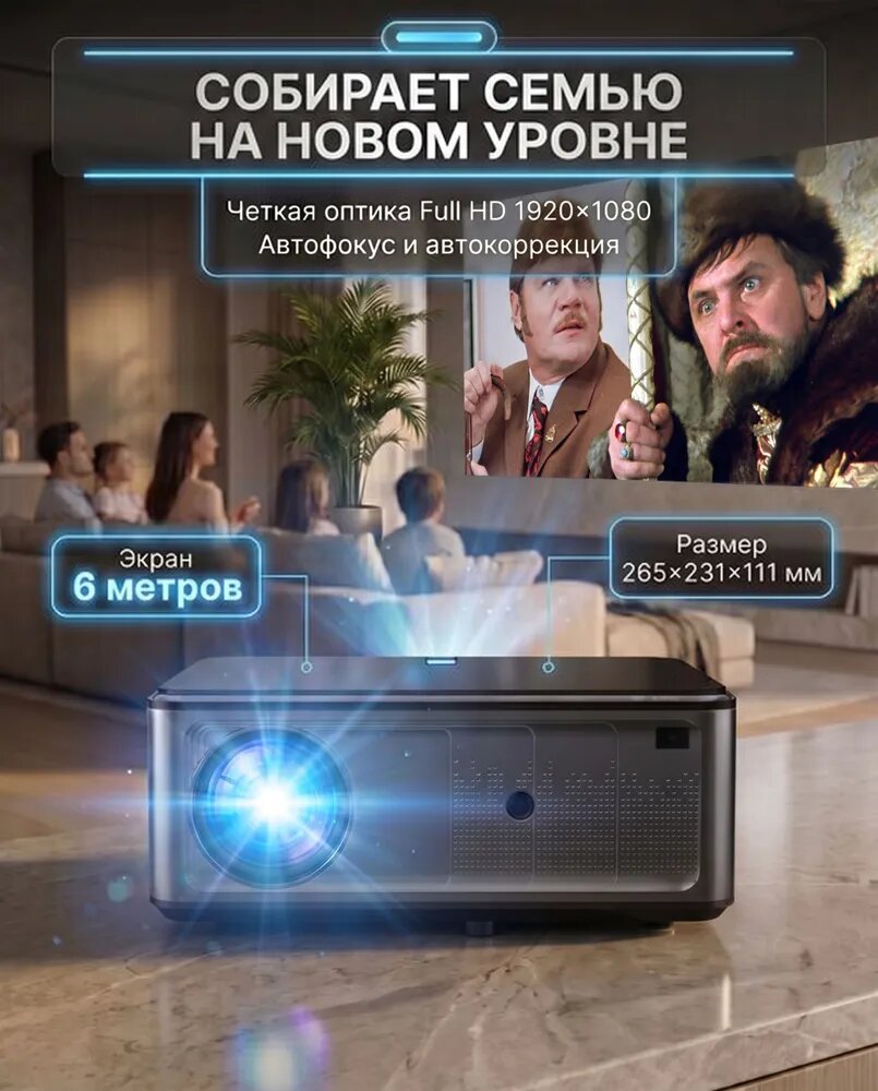 Проектор для фильмов Bluetooth, Wi-Fi, Full HD 4К , Android, портативный, с проекцией на стену и потолок.