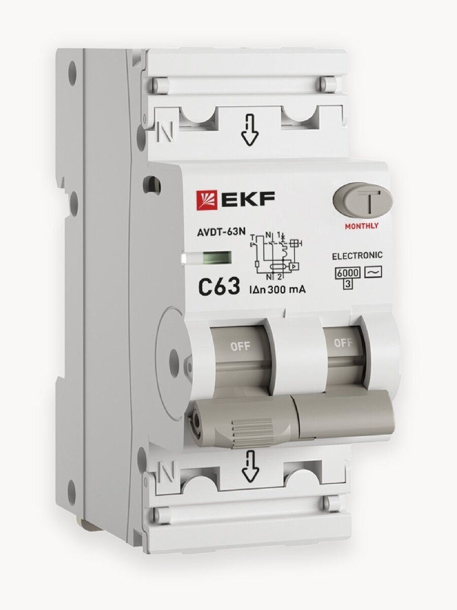 Дифавтомат EKF PROXIMA АВДТ-63N 63А (C) 300мА, тип AC, 1P+N (двухполюсный), 6кА, электронный