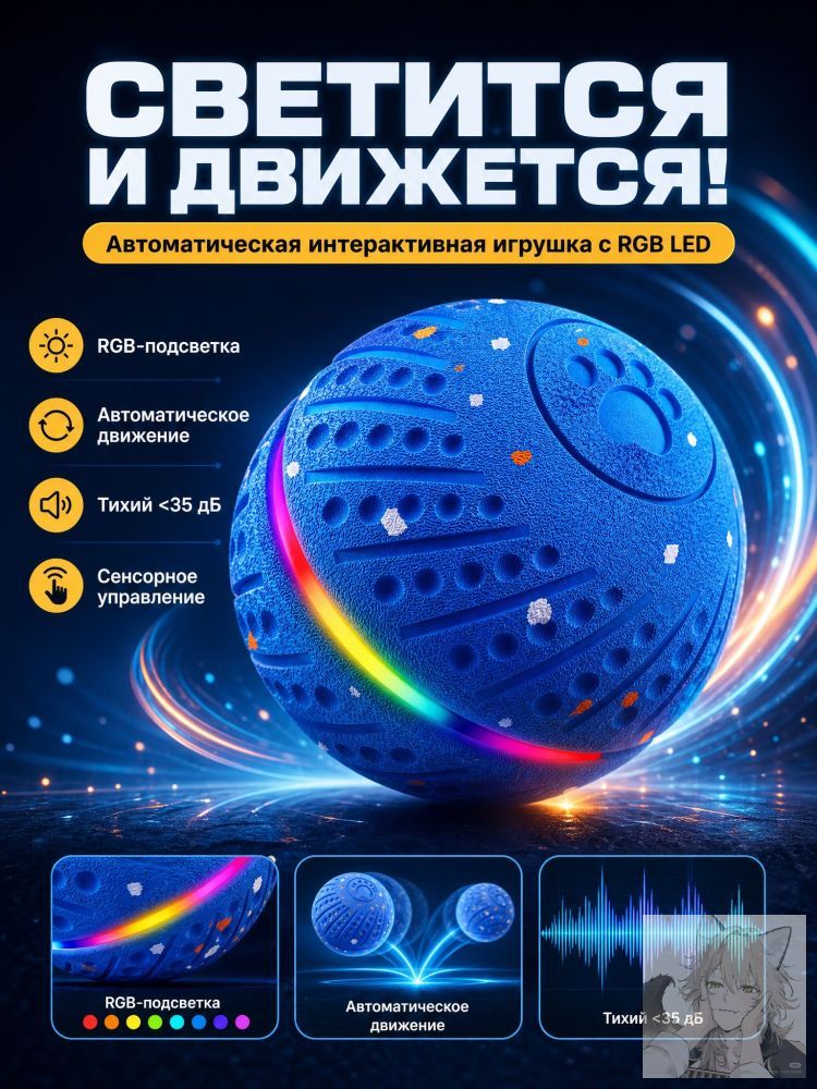 Мяч для собак Каскад с RGB подсветкой, автодвижение, сенсорное управление, для всех пород, игрушка