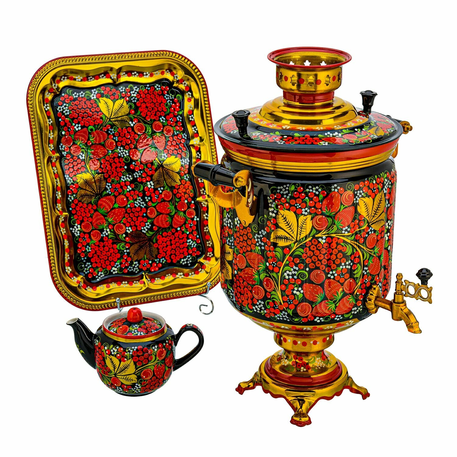 203965 Самовар электрический "клубника"с бел, банка 10л прямоуг поднос