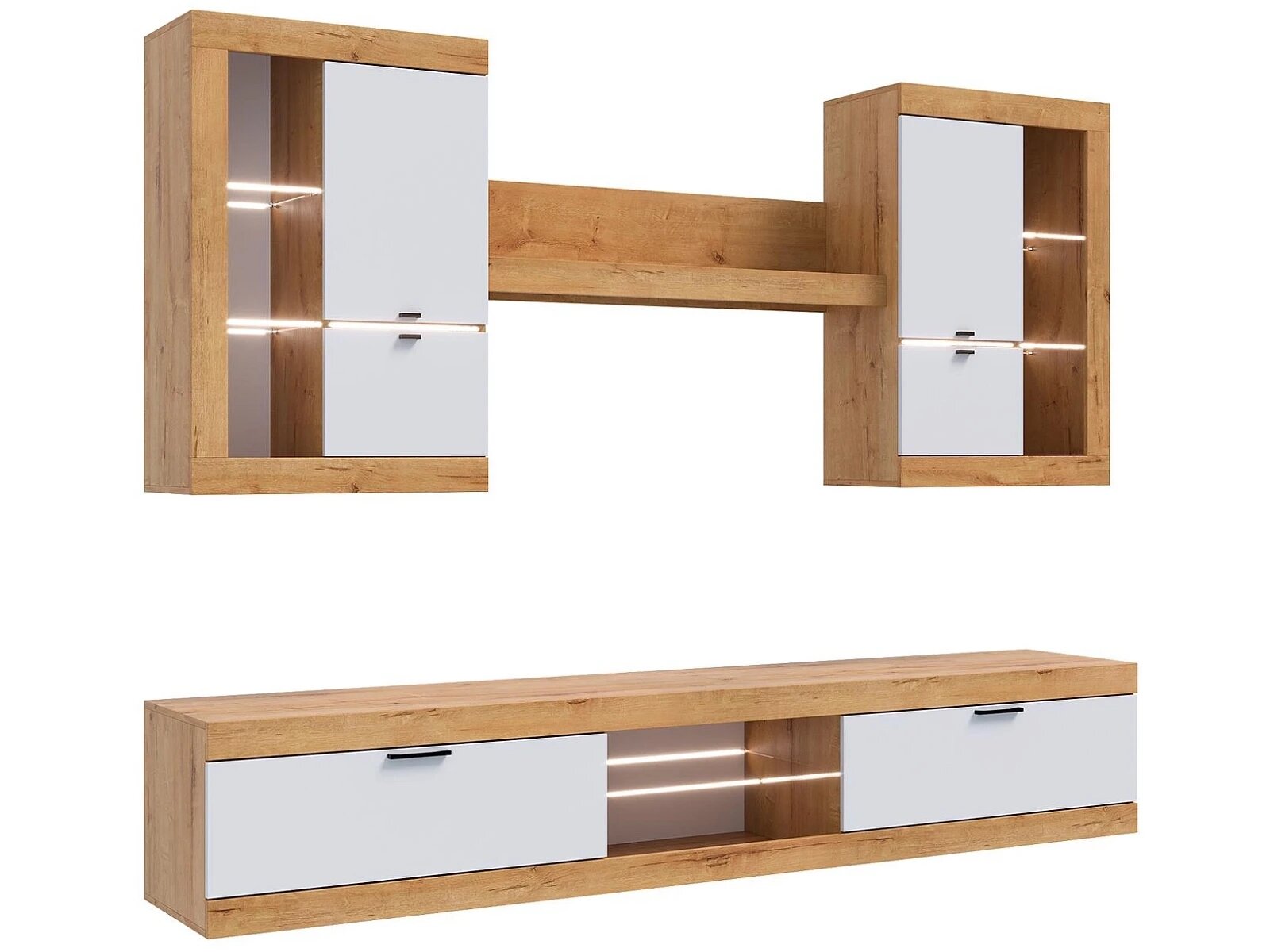 Модульная Гостиная, вариант №3, с подсветкой, Дуб Вотан/Белый глянец