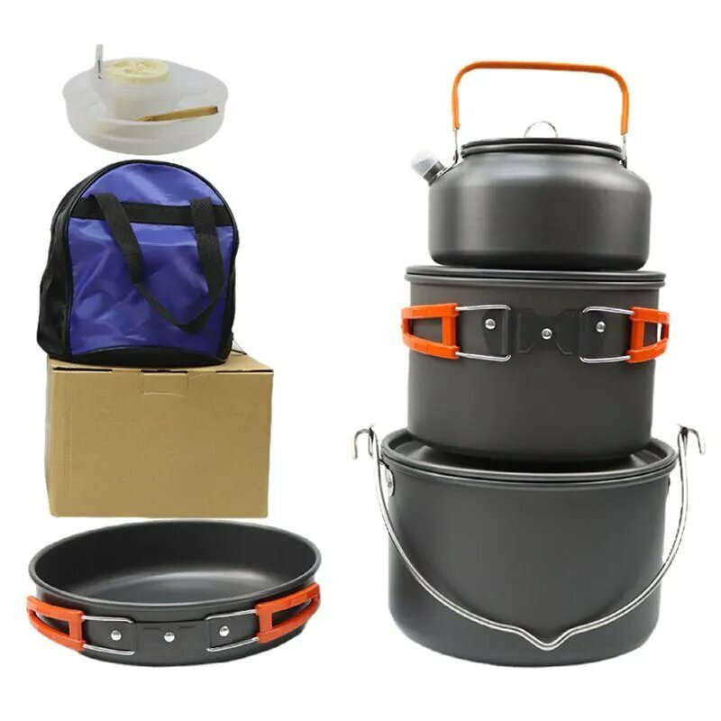 Набор посуды туристический для костра, посуда из анодированного алюминия, кастрюля, сковорода для пикника, чайник походный костровой для путешествий, охоты и рыбалки, выживания и кемпинга/DS-700