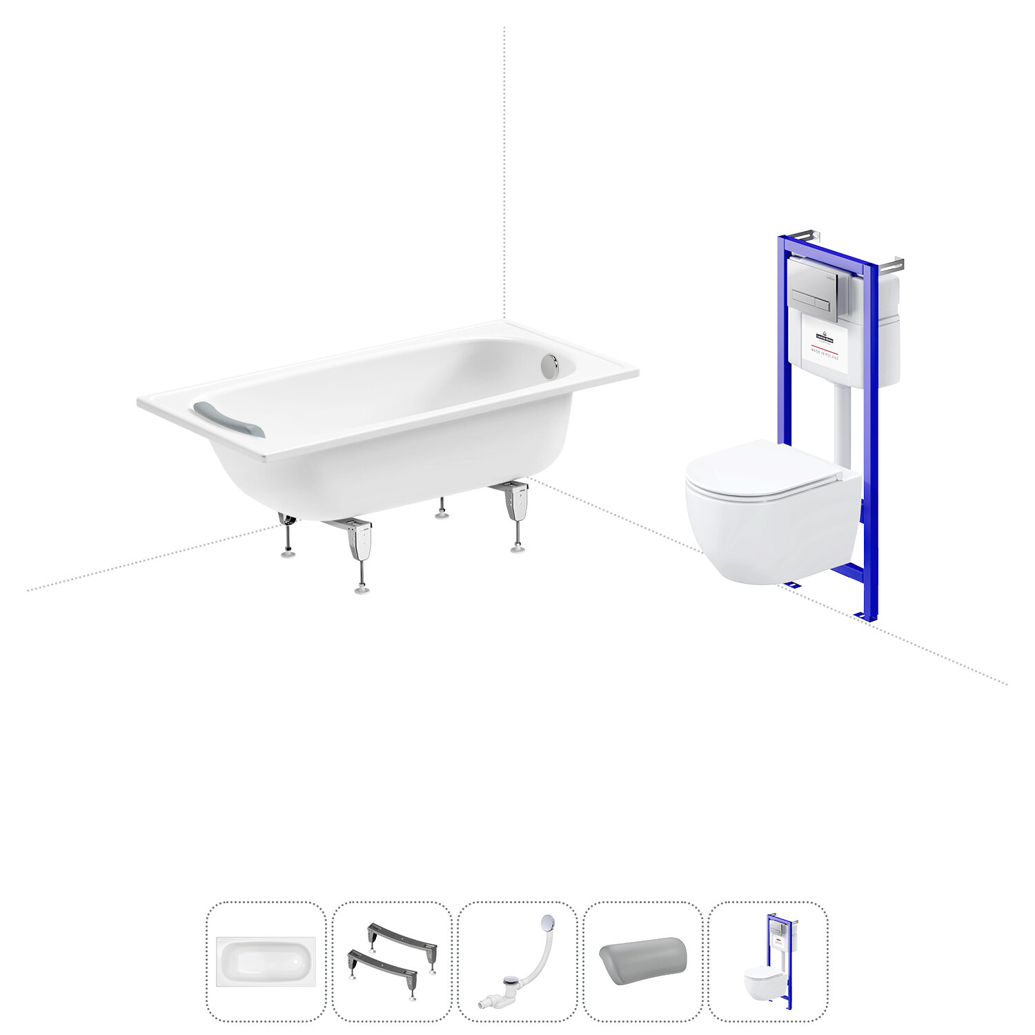 Стальная ванна 130х70 Sanitana BLB Europa 20220773R в наборе 5 в 1: металлическая ванна 130 х 70 см, ножки, слив-перелив, подголовник, инсталляция с унитазом