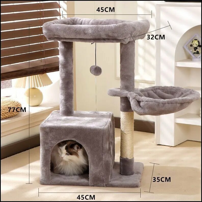 Когтеточка с домиком напольная высокая для кошки. Лежанки и столбик для кота. Кошачий дом для котят. Игровой комплекс лира с лежаками, гамаком, Серый. бежевый