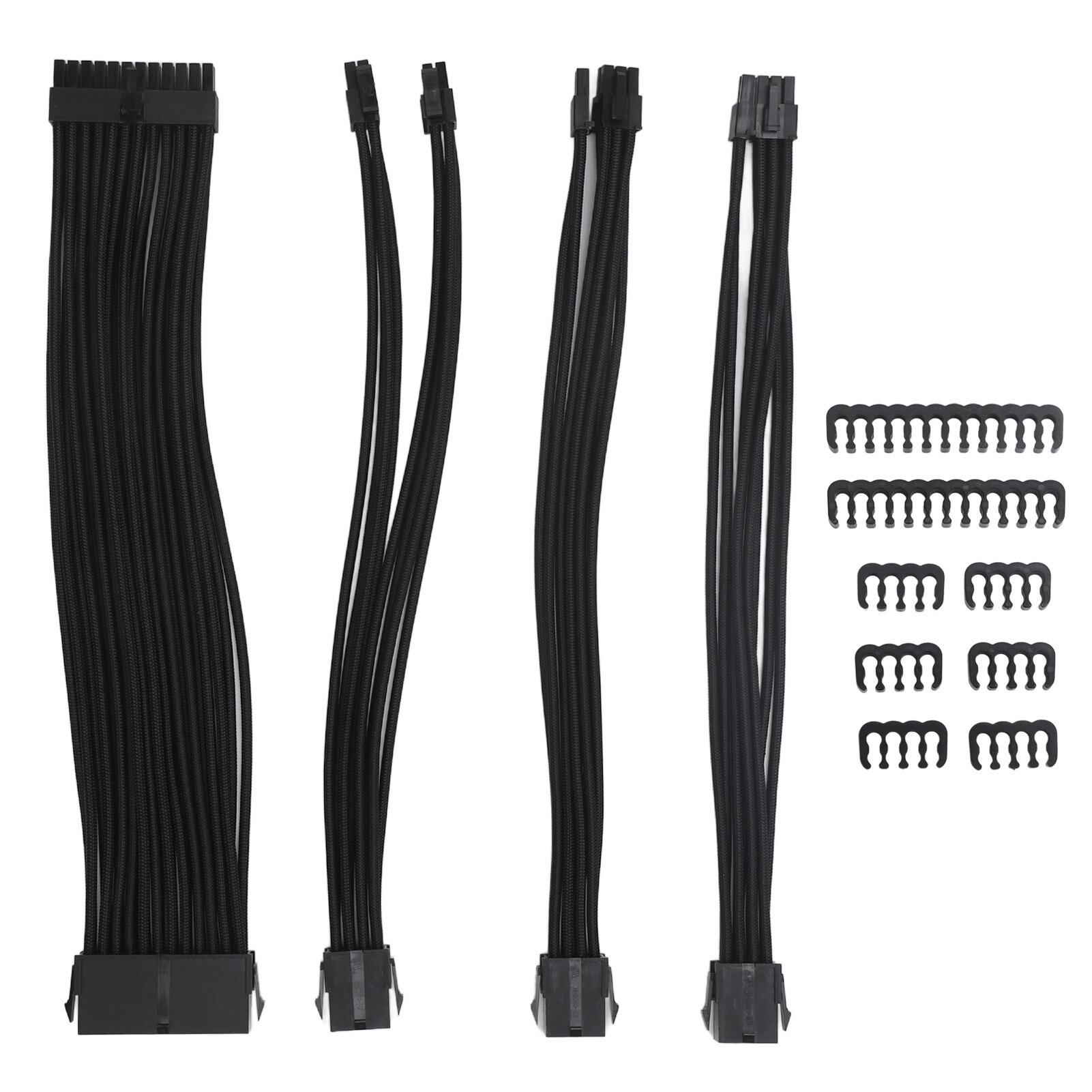 4PCS 18AWG PSU Cable Extension Power Cords 30cm Nylon Sleeved 24 Pin ATX 4+4Pin CPU 6+2Pin PCIE GPU Supply with Combs Black