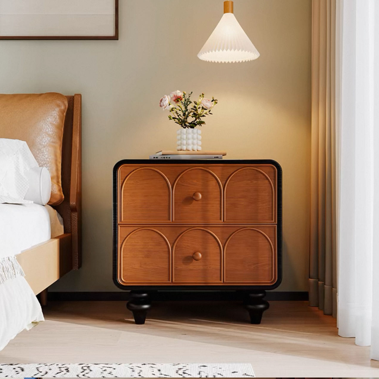 Интерьерная деревянная тумбочка на ножках Lardier (коричневый + черный / 45см)