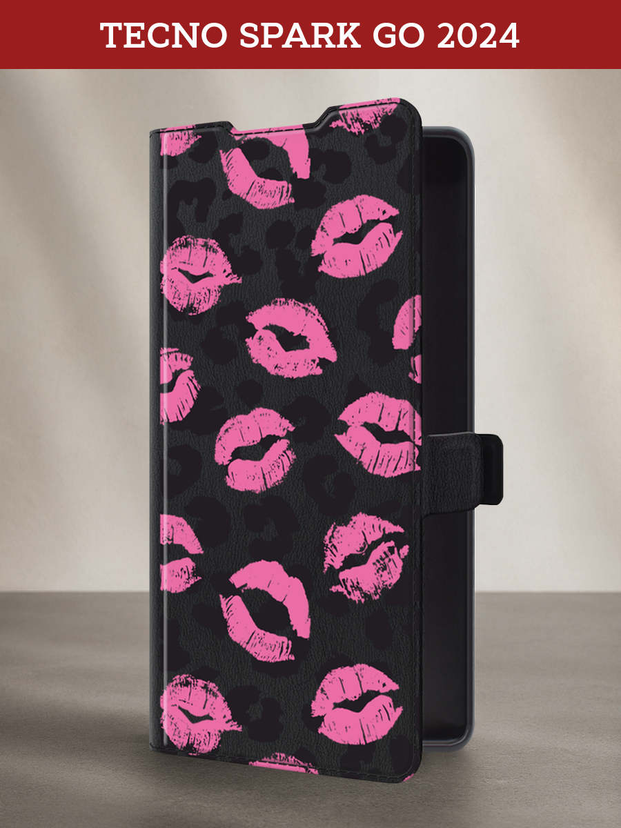 Чехол-книжка на Tecno Spark Go 2024/Spark 20C / Текно Спарк Го 2024/Спарк 20C с принтом Lips and leopard pattern, черный