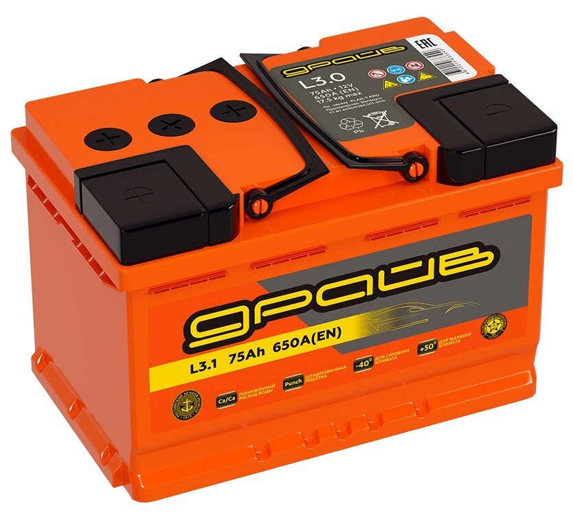 Аккумулятор автомобильный Драйв 75 А/ч 650 А прям. пол. Росс. авто (278х175х190) L3.1