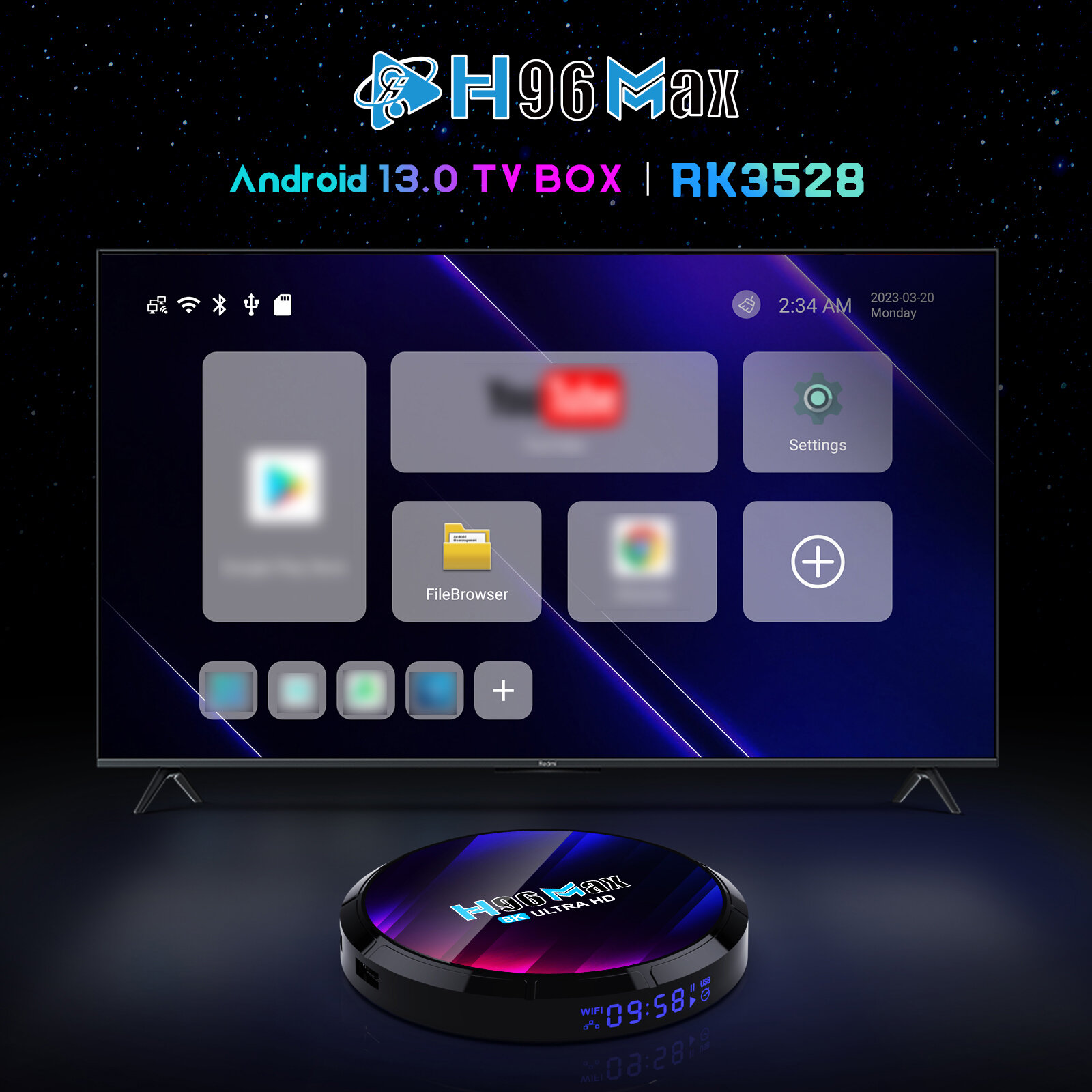 Smart TV Box H96Max, Android 13.0, RK3528, 4-ядерный, 4K/8K, Wi-Fi 6, BT5.0, 4ГБ+64ГБ, с дисплеем на пульте