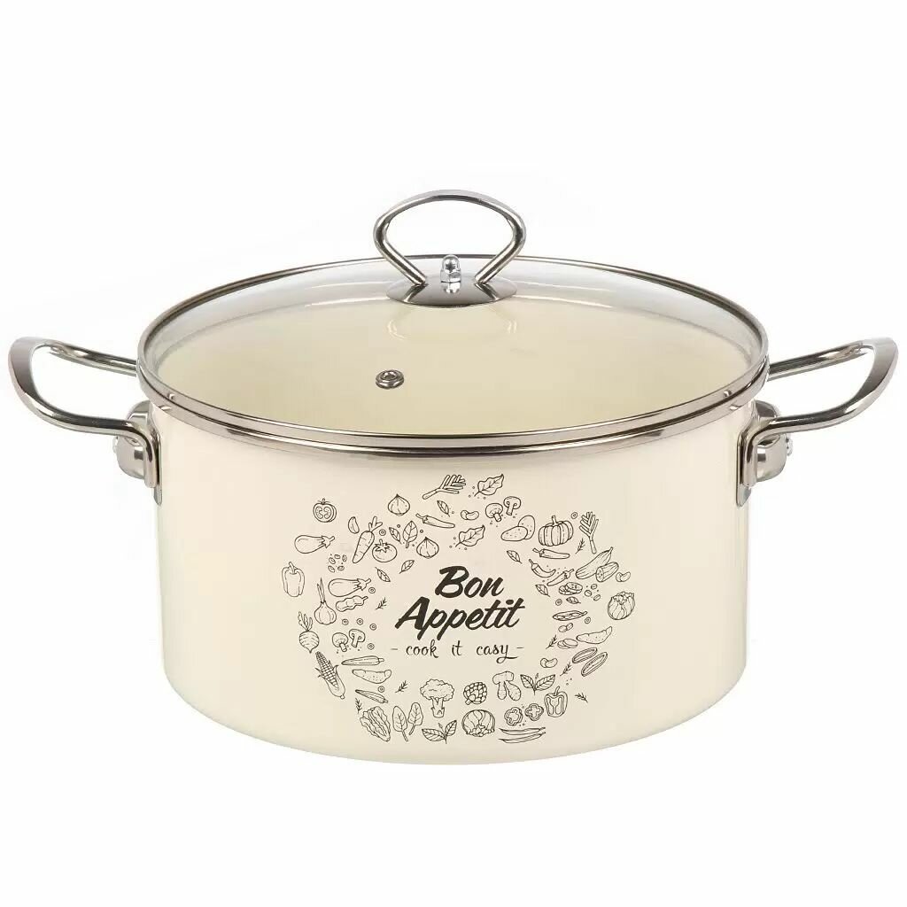 Кастрюля DANIKS эмалированная из стали, 5 л, крышка стеклянная, цилиндрическая, Bon Appetit, индукция