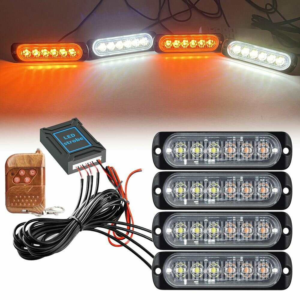 Проблесковый маячок стробоскоп для авто 12-24V 12 режимов 12 LED жёлтый свет водонепроницаемый с пультом 4 шт.