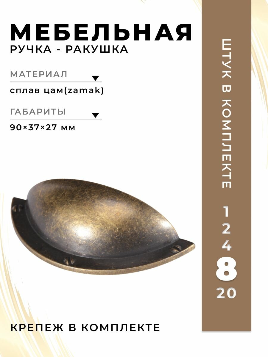 Ручка-скоба мебельная BRANTE RS.1247.64. AB античная бронза, комплект 8 шт, ручка для шкафов и комодов, для кухонного гарнитура, для мебели