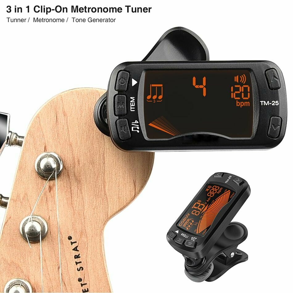 3-в-1 клипса на гитарный тон-тюнер метроном, электрический тюнер укулеле для бас-скрипки, музыкального инструмента