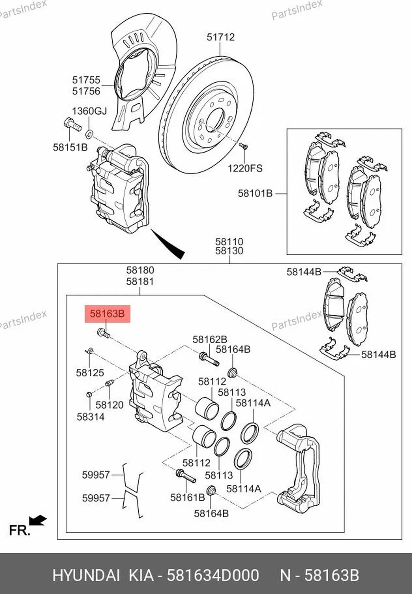Болт автомобильный Hyundai-KIA 581634D000, для HYUNDAI/KIA, 1 шт
