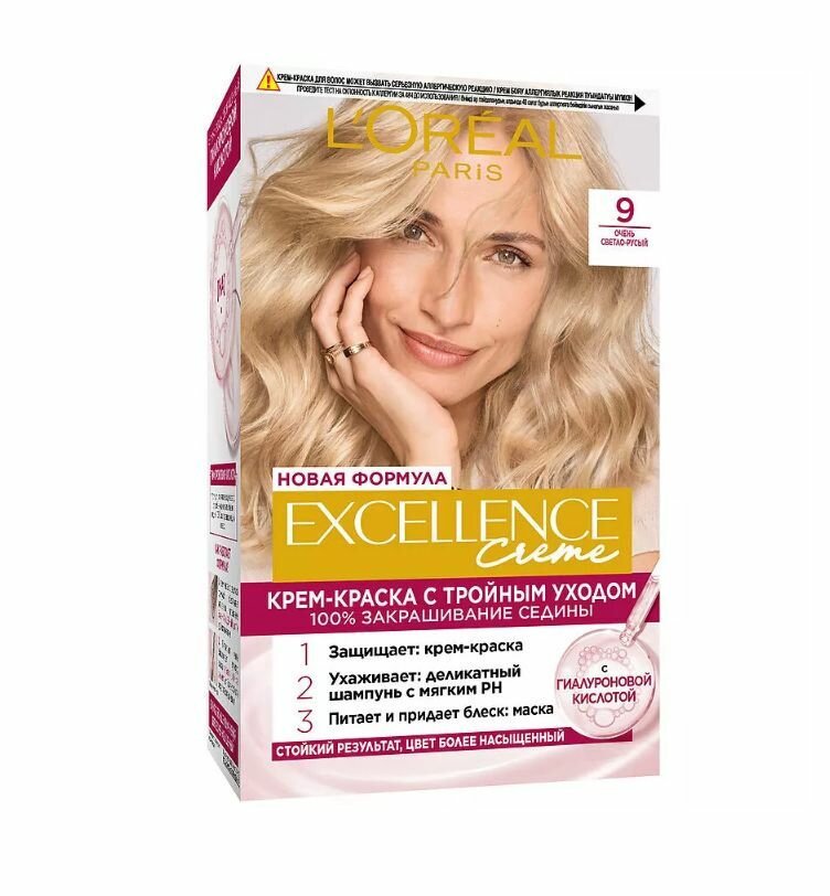 LOREAL PARIS Стойкая крем-краска для волос Excellence Crme, № 9 Очень светло-русый, 192 мл