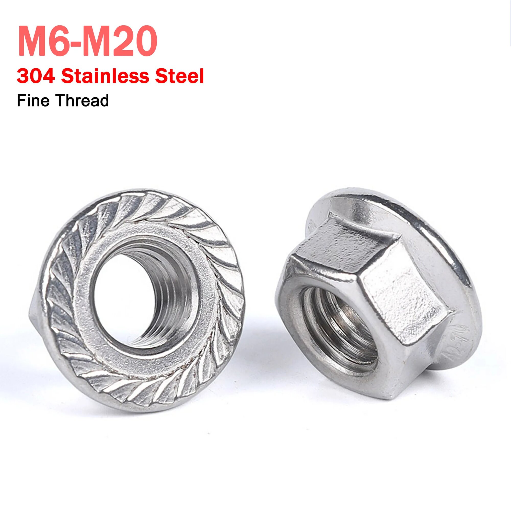 Зубчатые фланцевые стопорные гайки DIN6923, нержавеющая сталь 304, М6-М20 M6 0.75 10Pcs