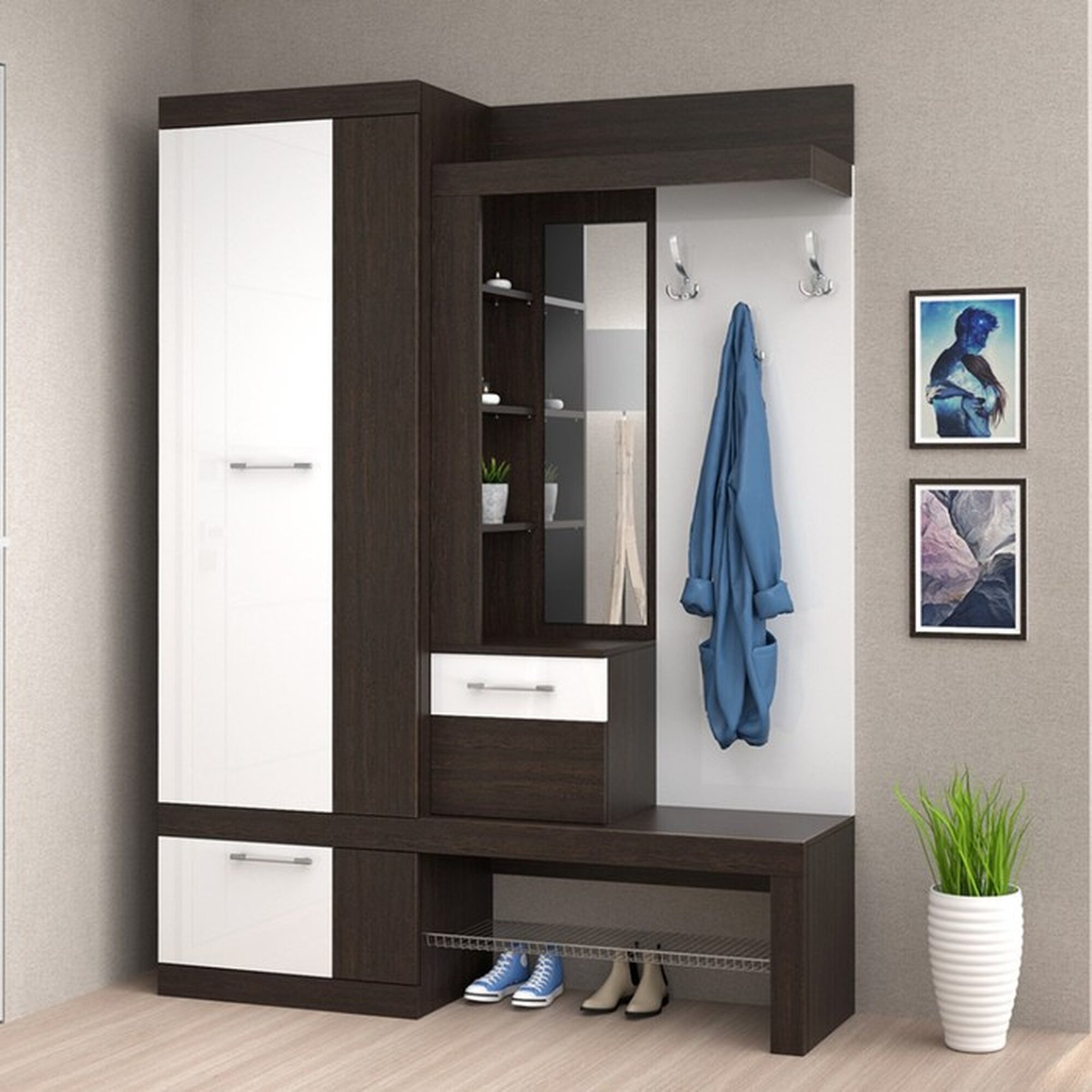 Прихожая Сима-ленд "Дуэт", ЛДСП, дуб венге/белый глянец, с зеркалом, 150 см х 38 см х 200 см