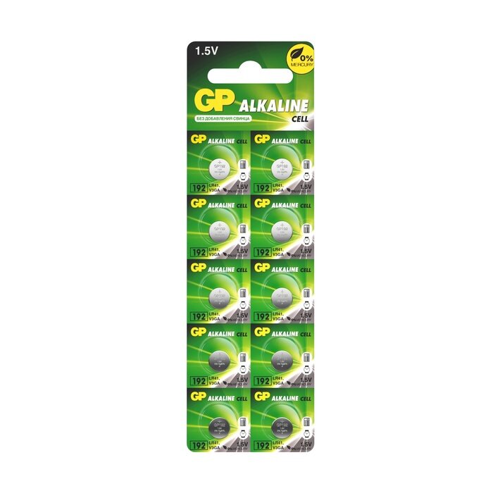 Батарейка алкалиновая GP, 192-10BL (Аналоги: LR4, G3, V3GA, LR41.192), 1.5 В, блистер, 10 шт.