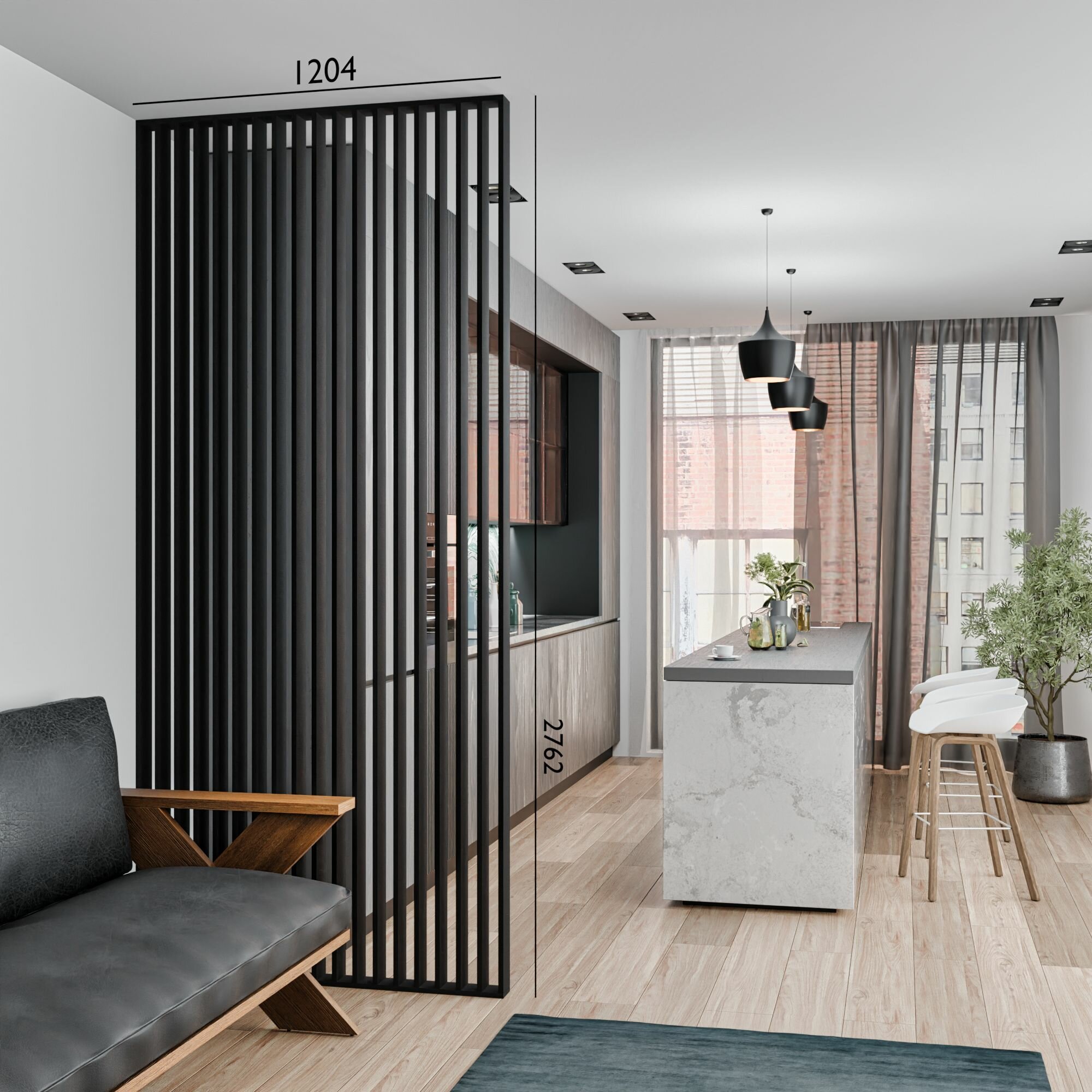 Перегородка для зонирования 1204 мм, 16х80мм, черный, рейки клуб