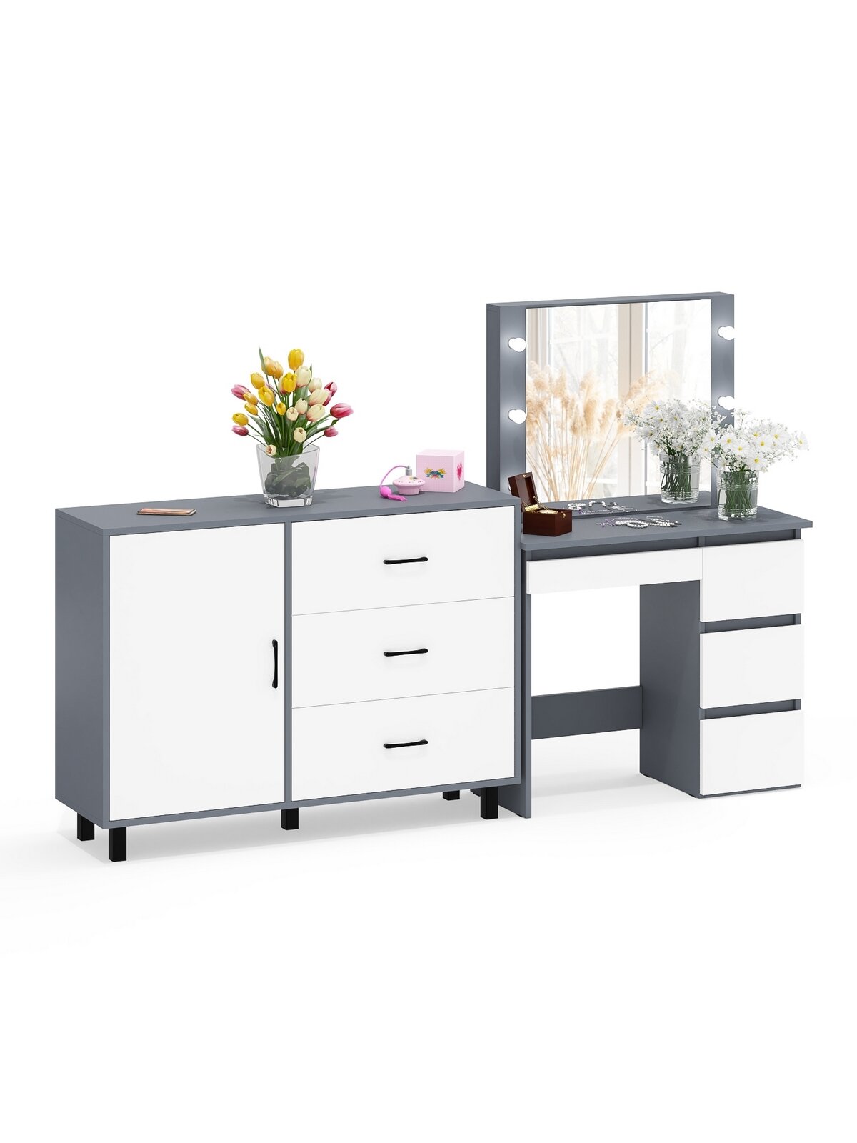 Комод-тумба 122-1204 и столик косметический с лампочками Сура, графит/белый, 210.4х40х136 см