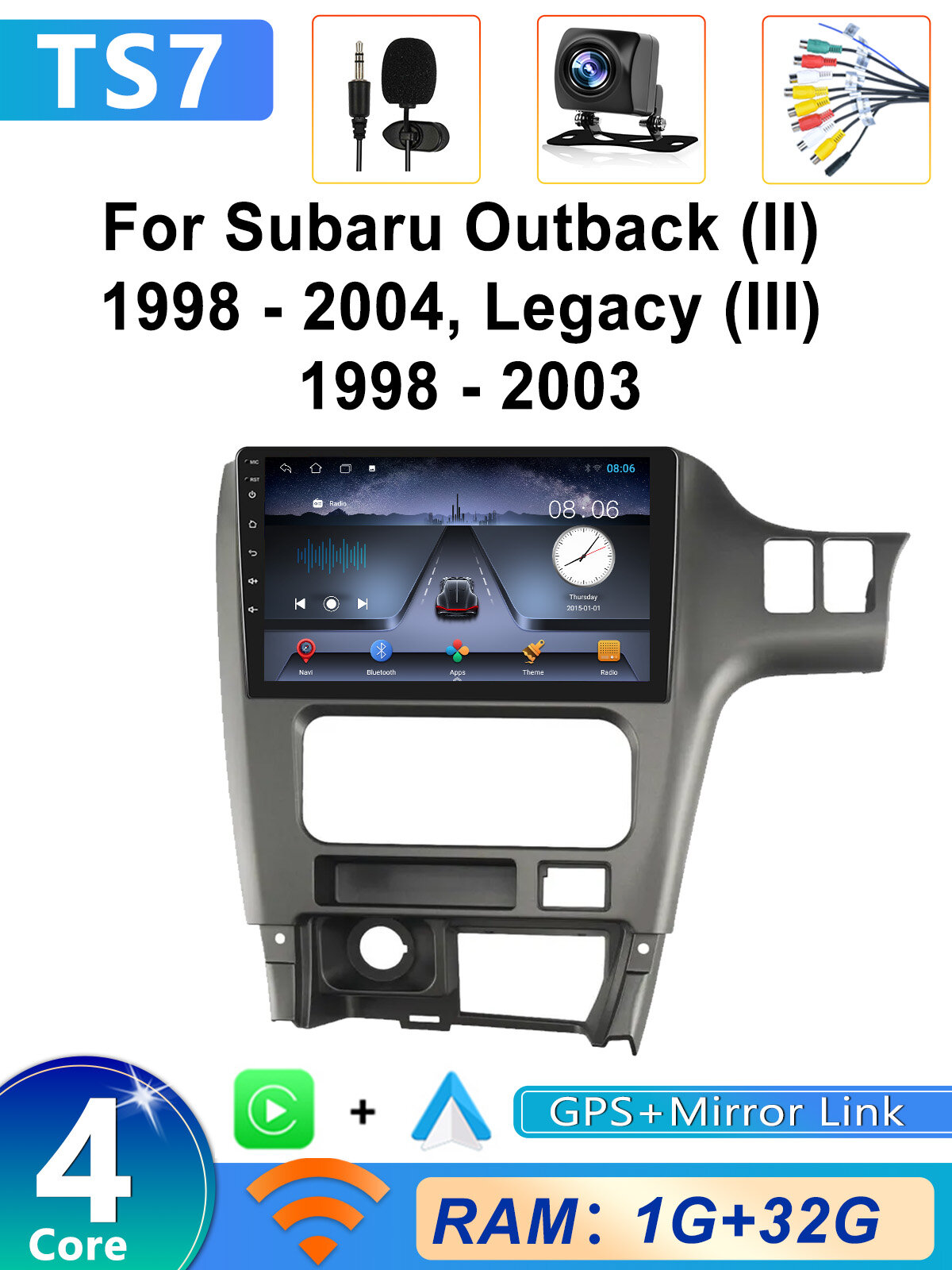 Автомагнитола Subaru Outback (II) 1998 - 2004, Legacy (III) 1998 - 2003, Bluetooth Wi-Fi Сенсорные кнопки , Серебристый CARPLAY IPS
