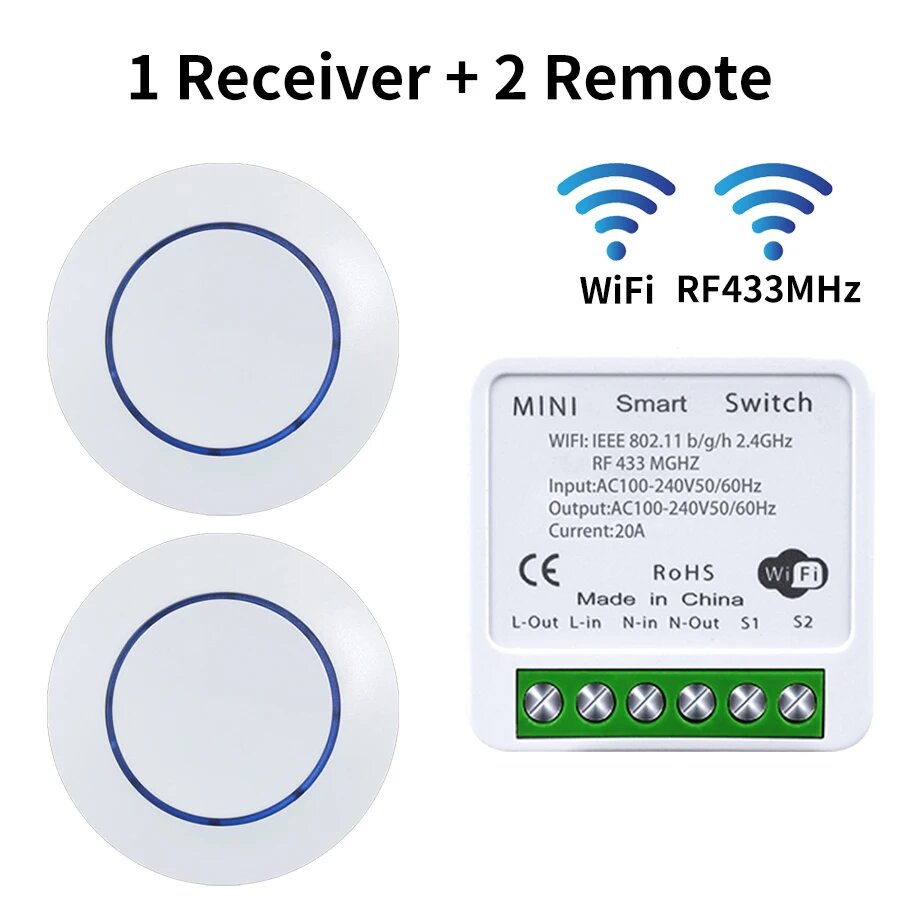 Умный выключатель Wi-Fi 433 МГц, 1 Receiver 2 Remote