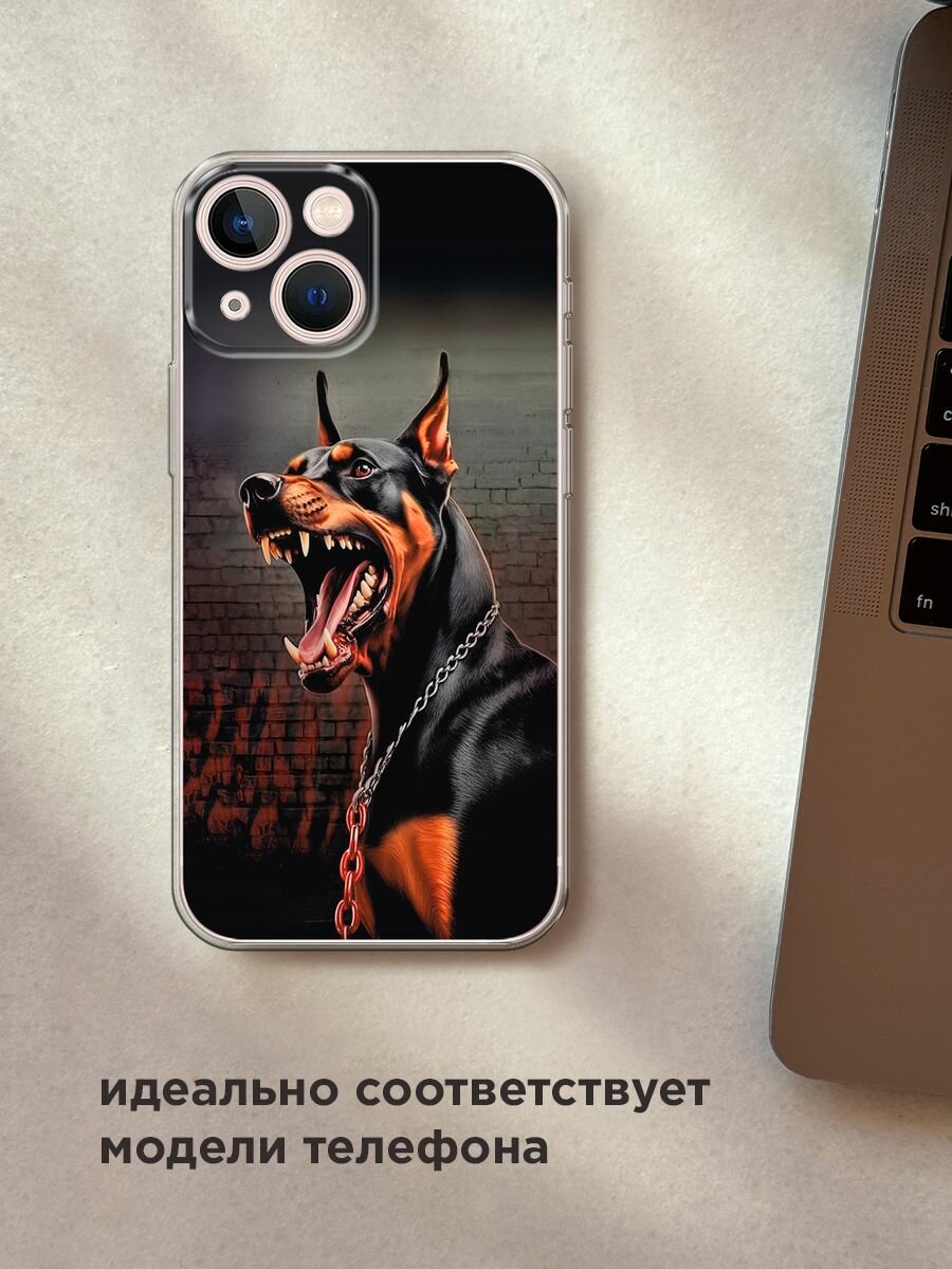 Чехол на Apple iPhone 13 mini / Айфон 13 мини с принтом "Доберман с цепью" — фото 1