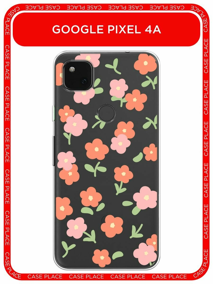 Чехол на Google Pixel 4A / Гугл Пиксель 4А с принтом "Красные цветочки рисунок", прозрачный